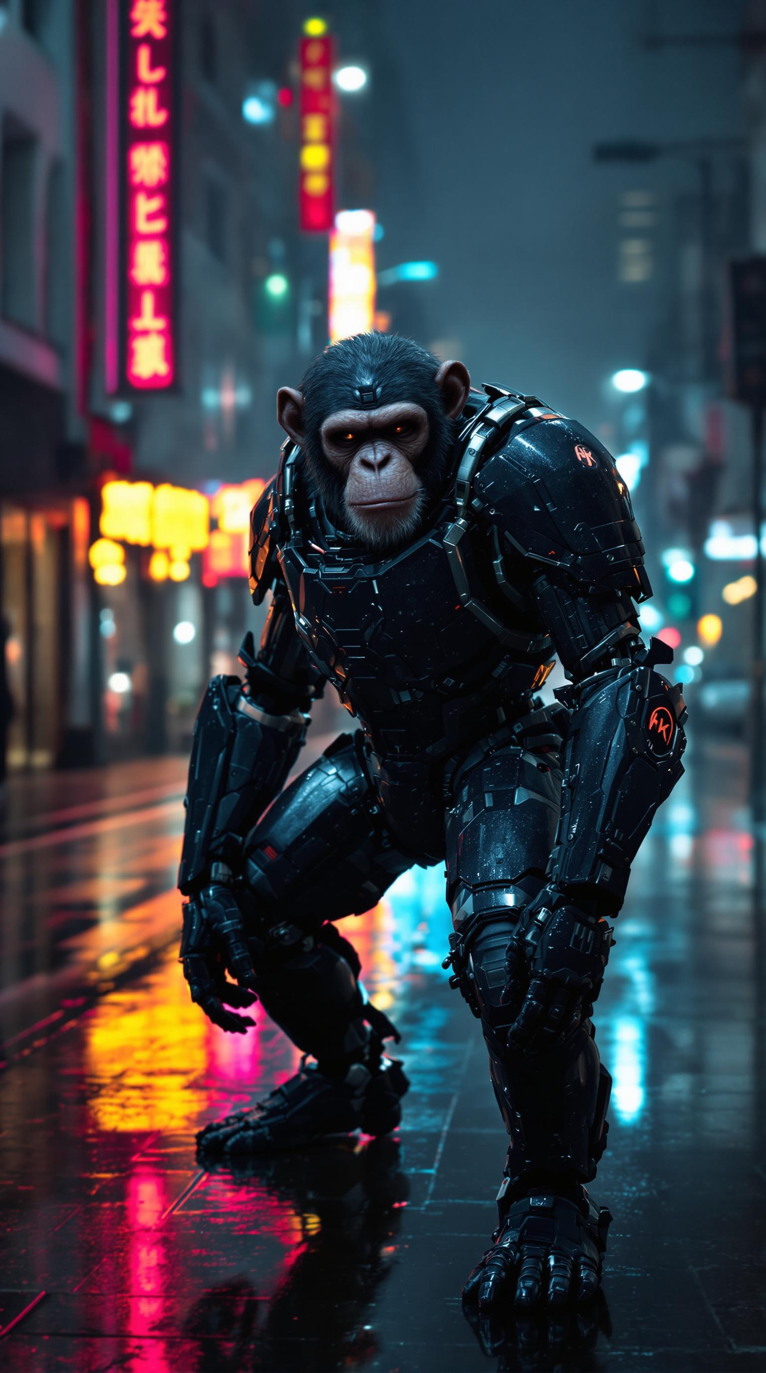 FLUX prompt: Cyborg version of a chimpanzee in Hi-tech ne...