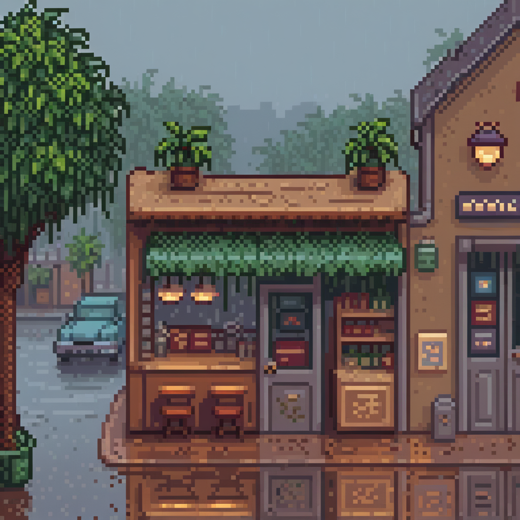 Midjourney prompt: 16 bit pixel art, outside of a coffees...