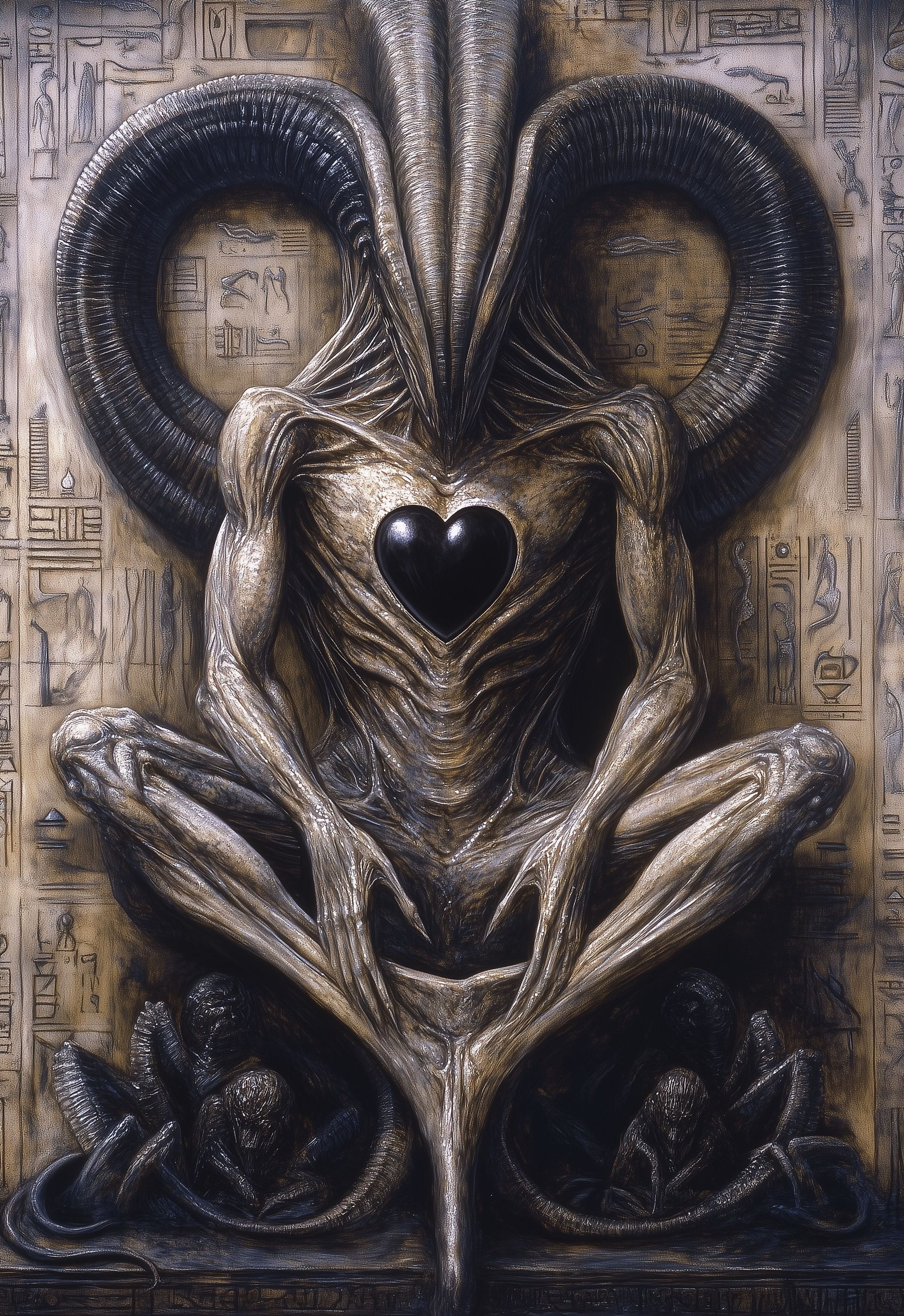 Midjourney prompt: H.R. Giger's painting depicts an ancie...