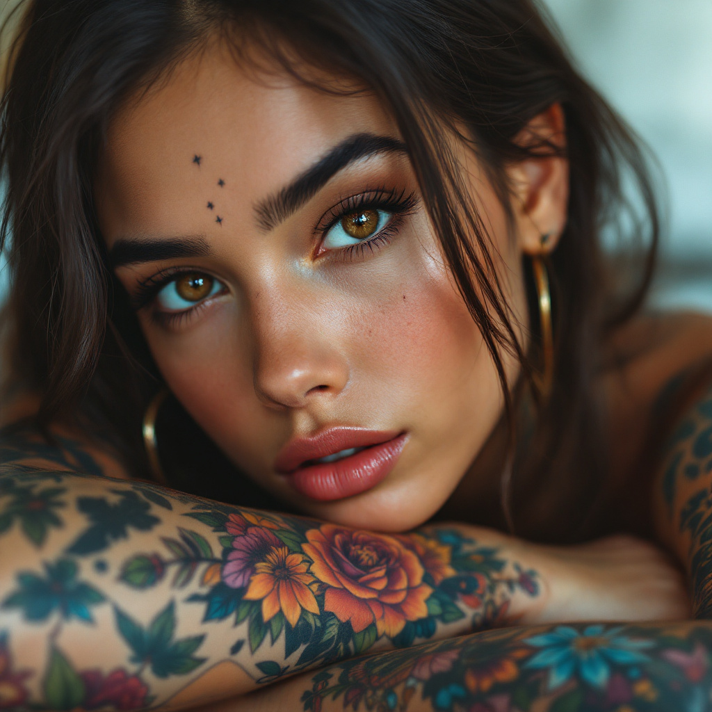 FLUX prompt: Close-up portrait of a young woman, light br...