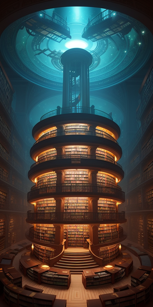 DreamShaper prompt: circular infinite library, magical li...