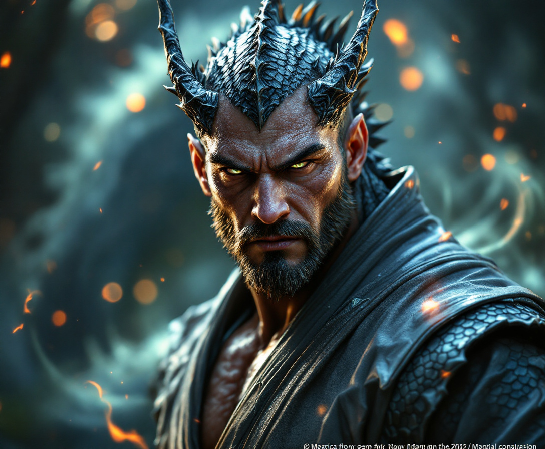 FLUX prompt: headshot of a buff male back-scaled Dragonbo...