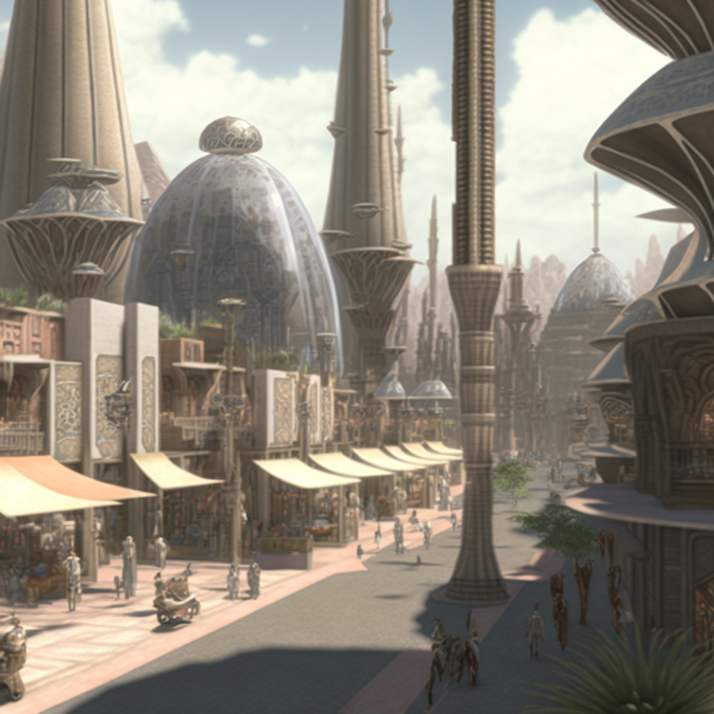 Midjourney prompt: Street scene in far future city of sto...