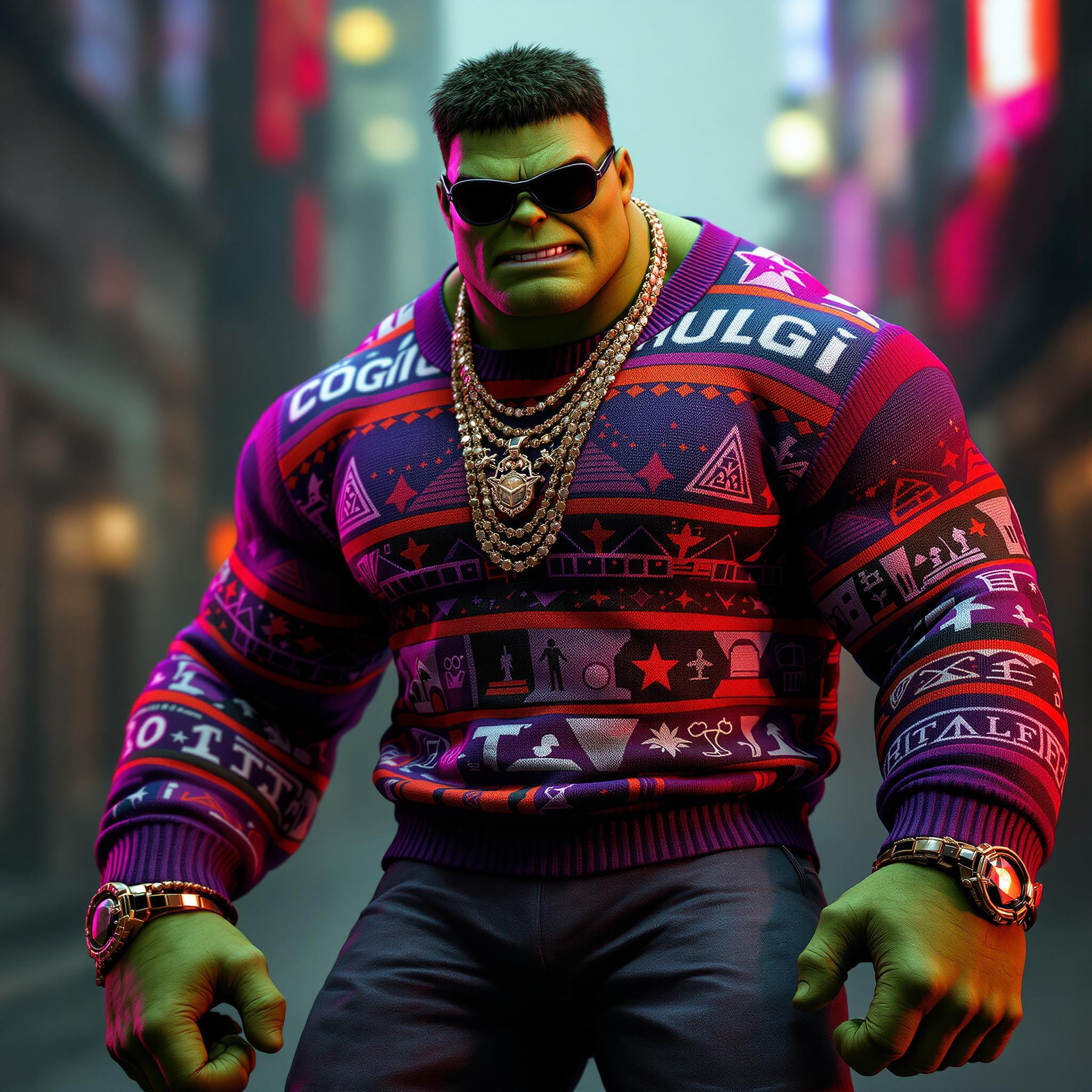 FLUX prompt: the incredible hulk wearing a coogi sweater ...
