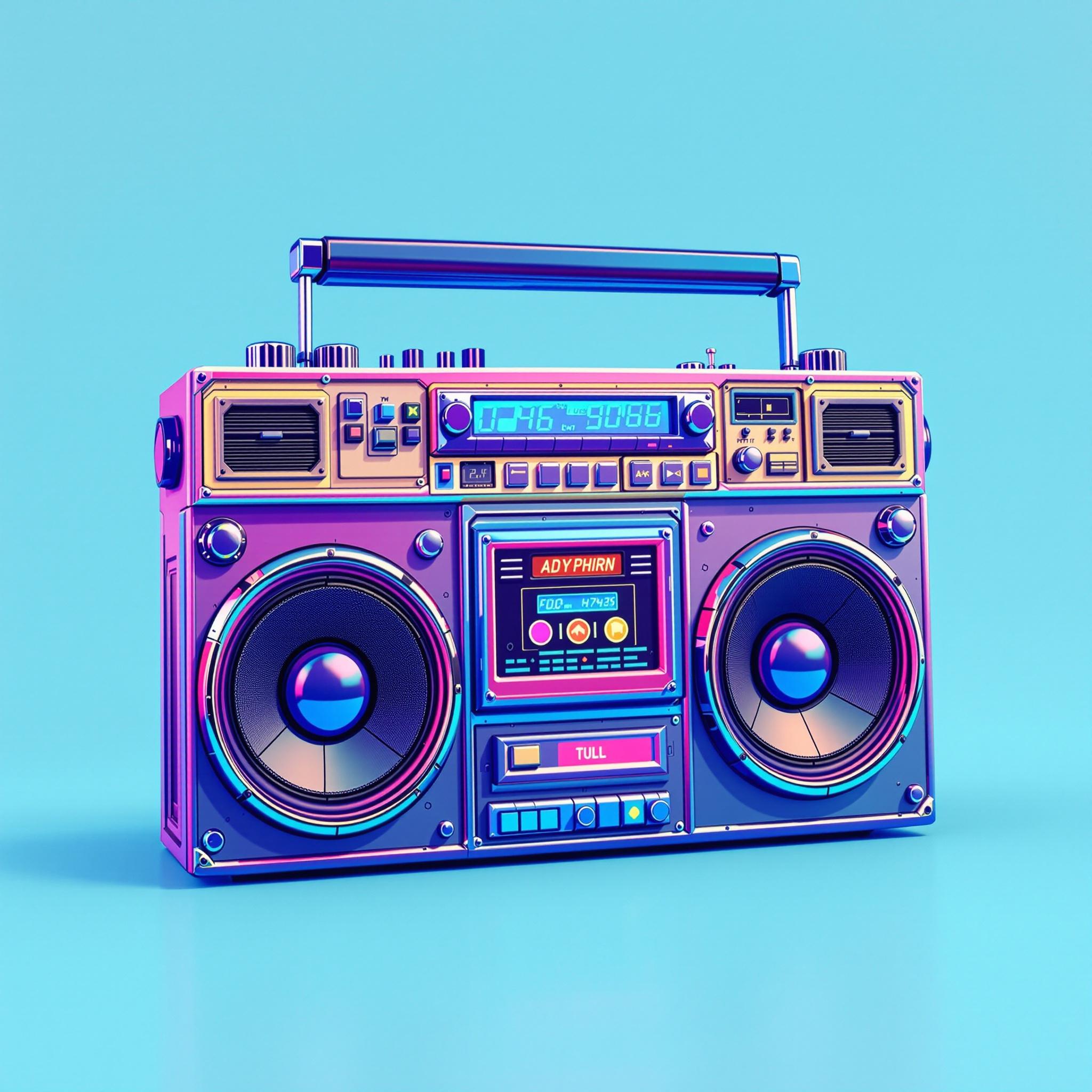 FLUX prompt: multicolor old school boombox, cartoon reali...