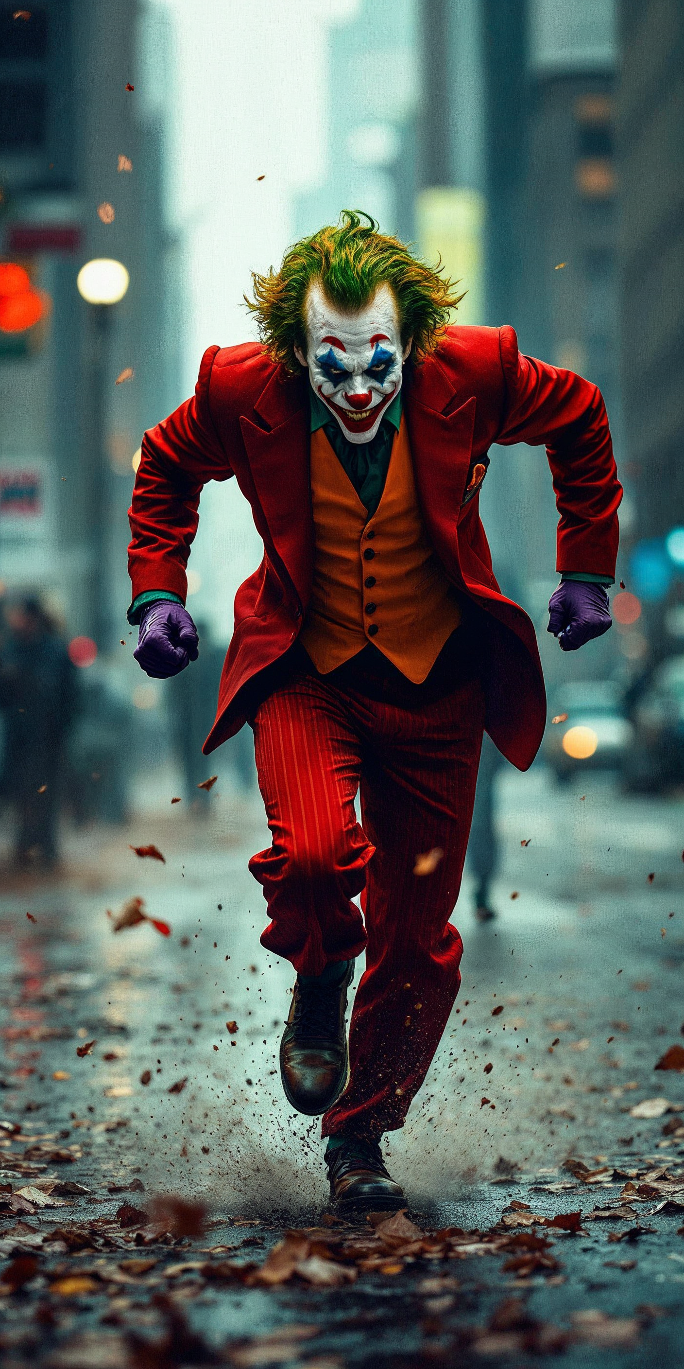 FLUX prompt: clown running down the street in a red suit ...