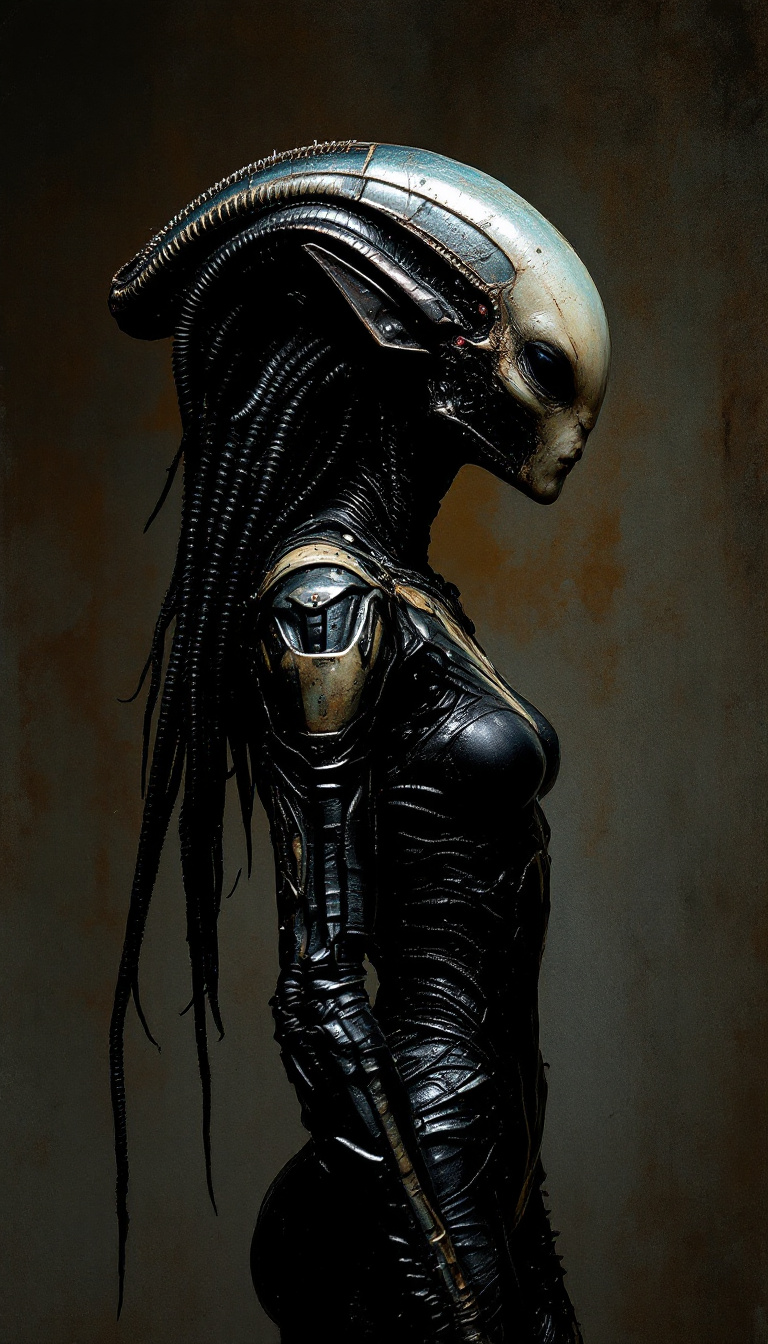 FLUX prompt: female alien, side view, entire body, realis...