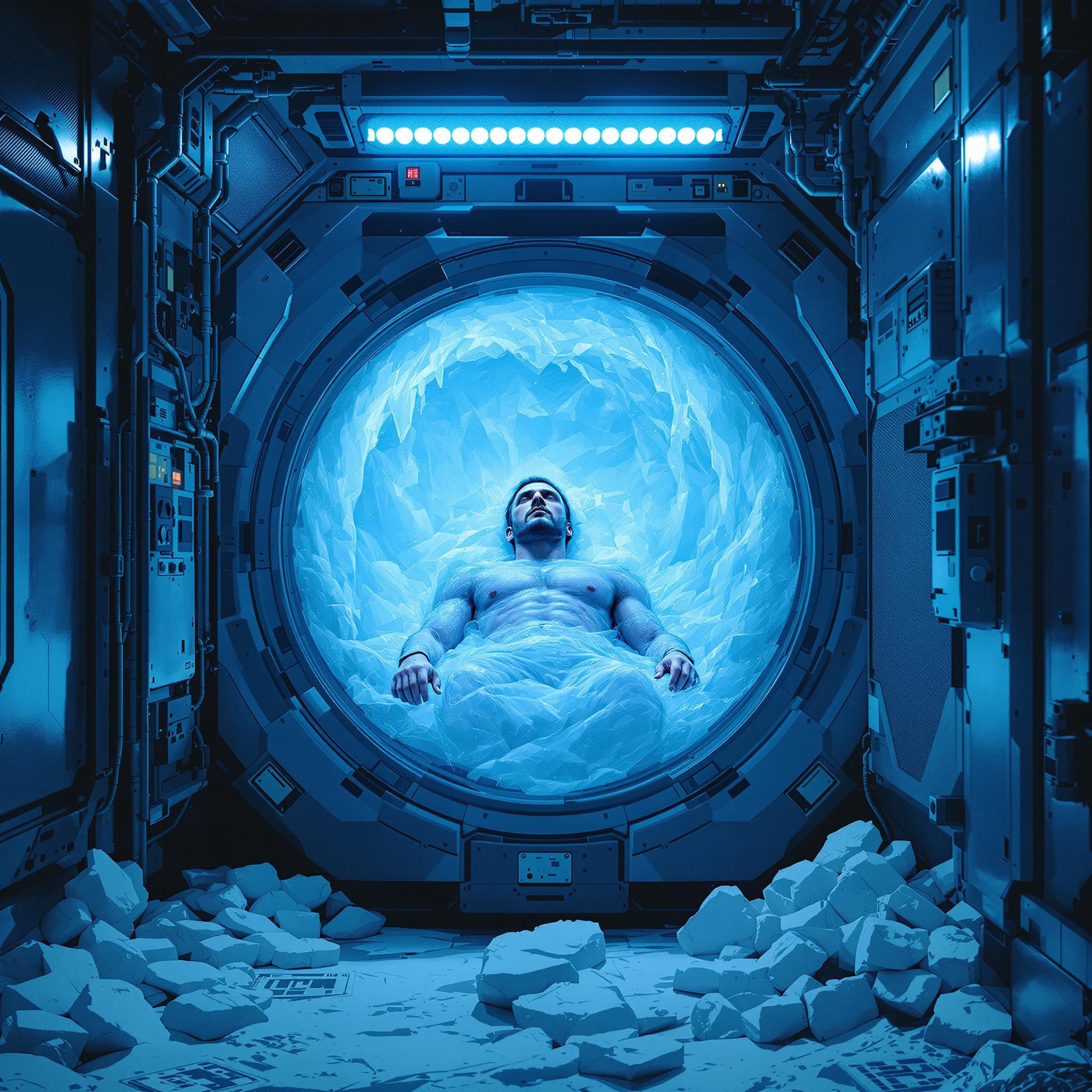 FLUX prompt: A man, frozen in ice inside an airlock tank...