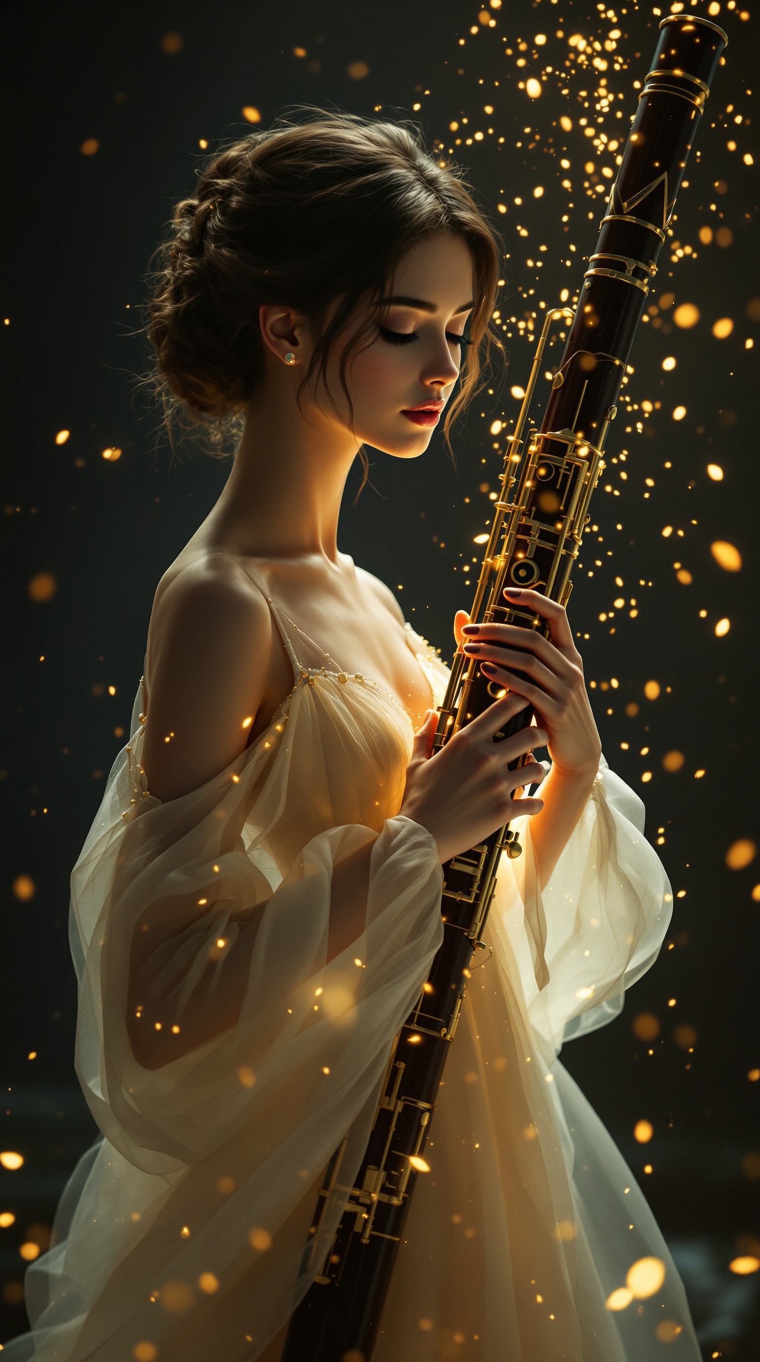 FLUX prompt: A graceful young woman stands in a dimly lit...