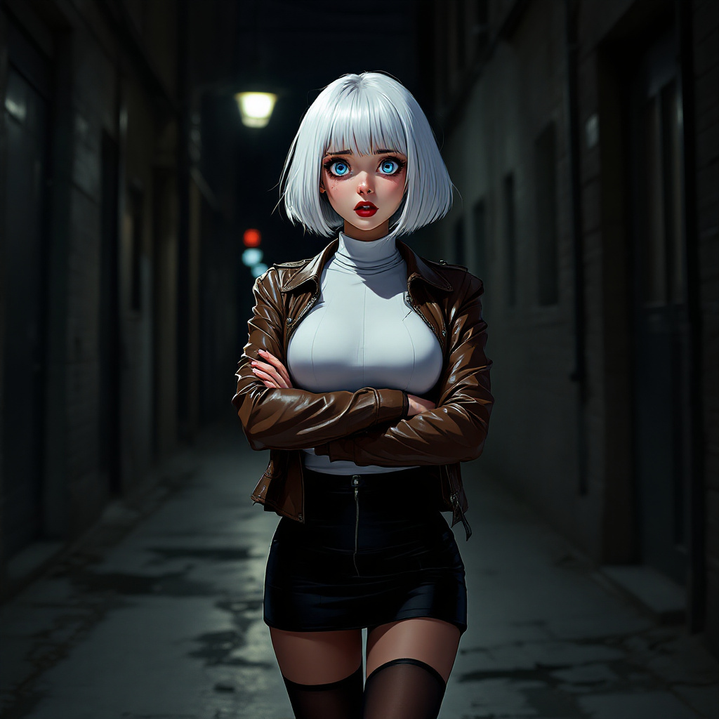 FLUX prompt: anime, woman, white hair, bob cut, blue eyes...