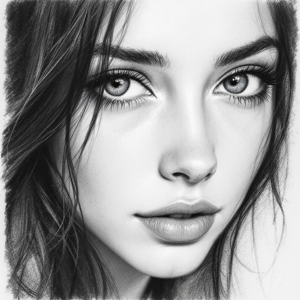 FLUX prompt: Pencil style, drawing, sketch, woman with pu...