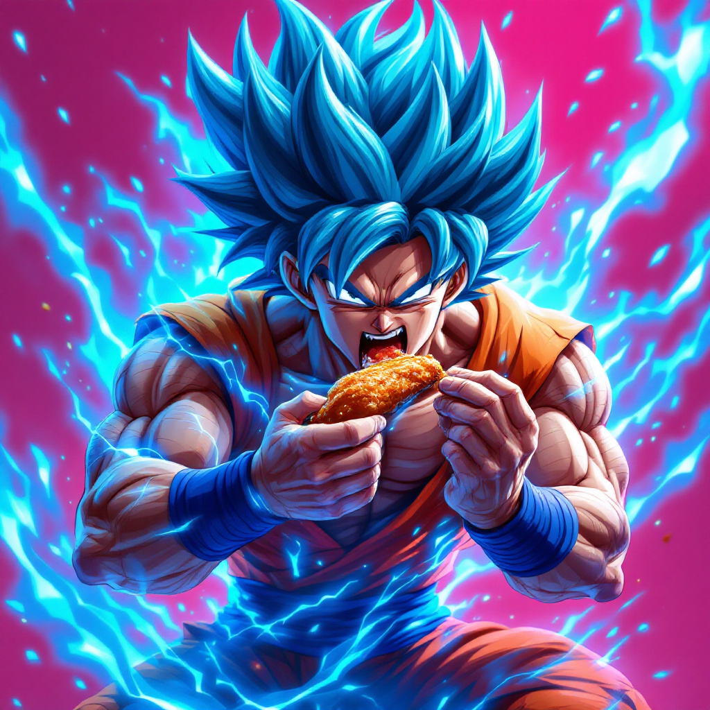 FLUX prompt: realistic style, Goku eating chicken wing wi...