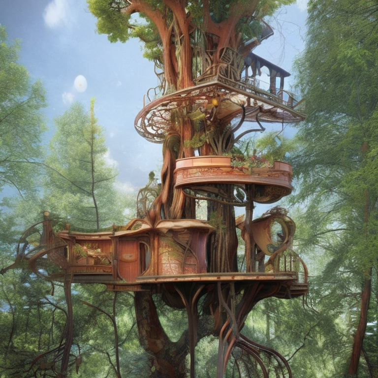 Stable Diffusion prompt: art nouveau treehouse by jean-le...