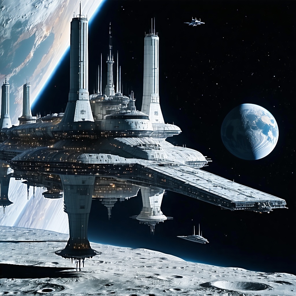 Stable Diffusion prompt: A massive Luna space station cit...