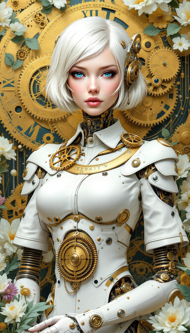 FLUX prompt: "Pearl Automaton in a Clockwork Garden": A d...