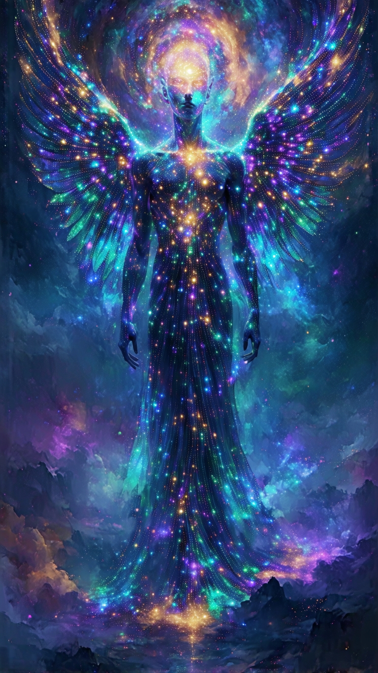 Stable Diffusion prompt: A colossal, radiant figure emerg...