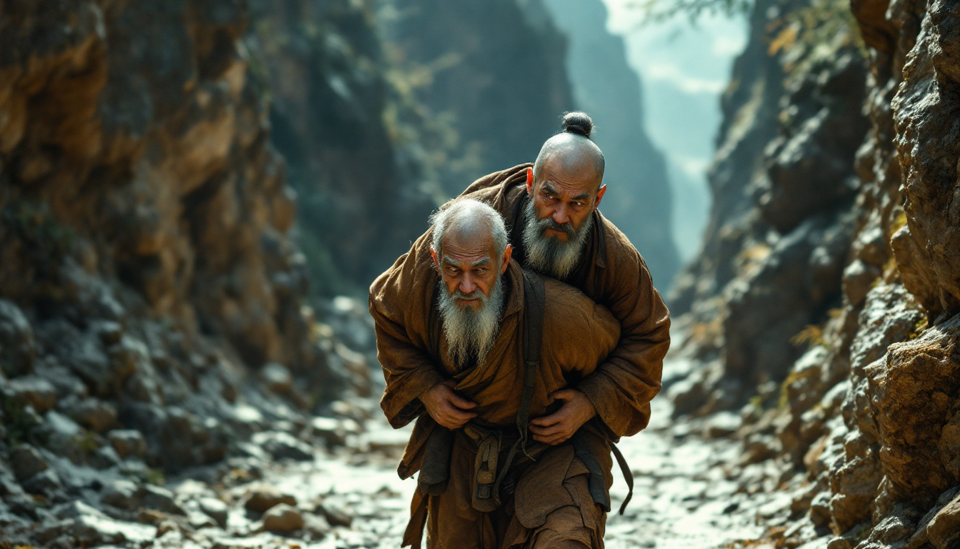 FLUX prompt: A young Shaolin apprentice carrying his old ...