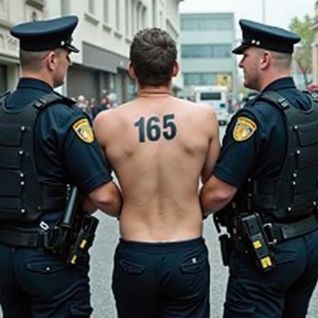 FLUX prompt: photo from behind two police officers in a p...