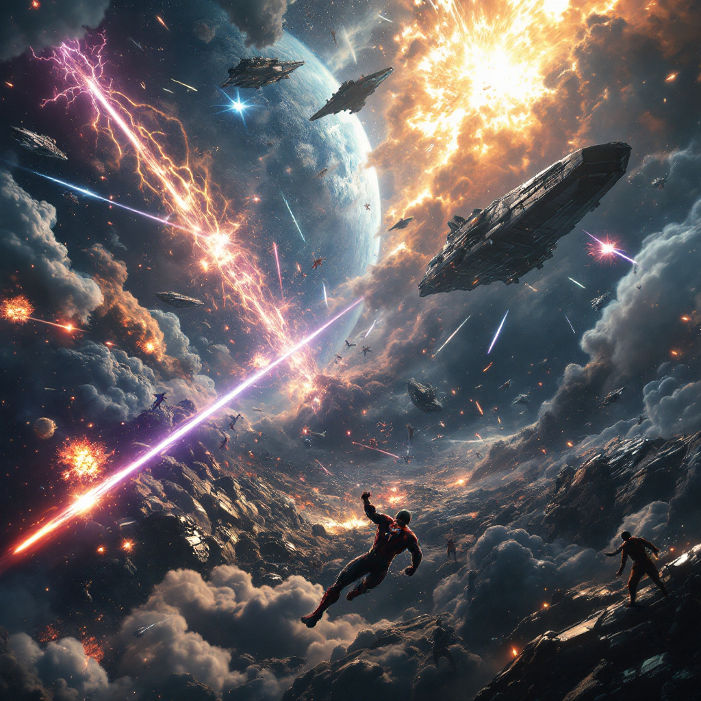 FLUX prompt: An epic space battle where powerful superher...