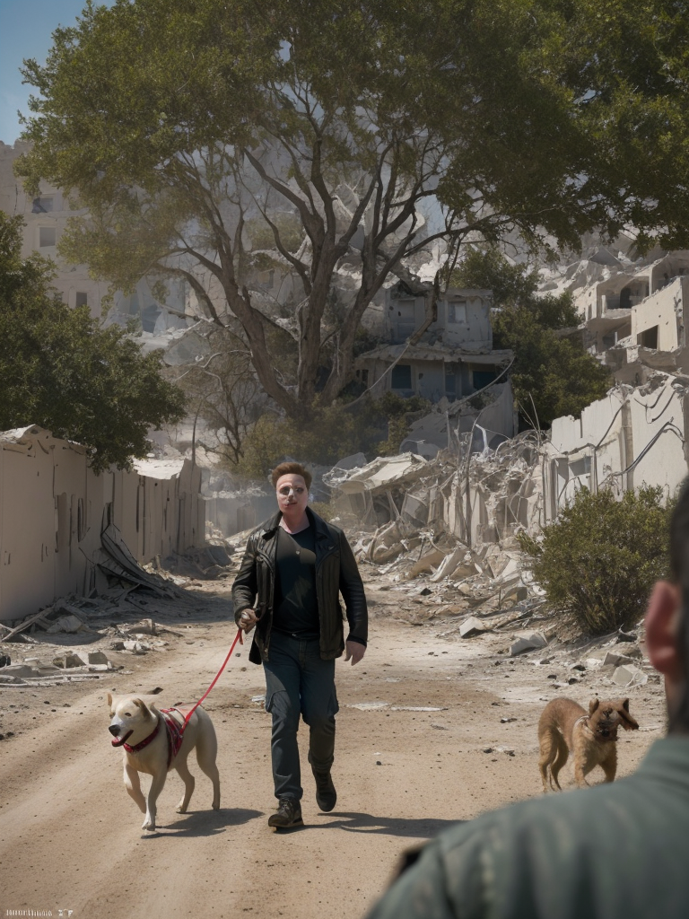 epiCRealism prompt: photo of Elon Musk walking a dog thro...