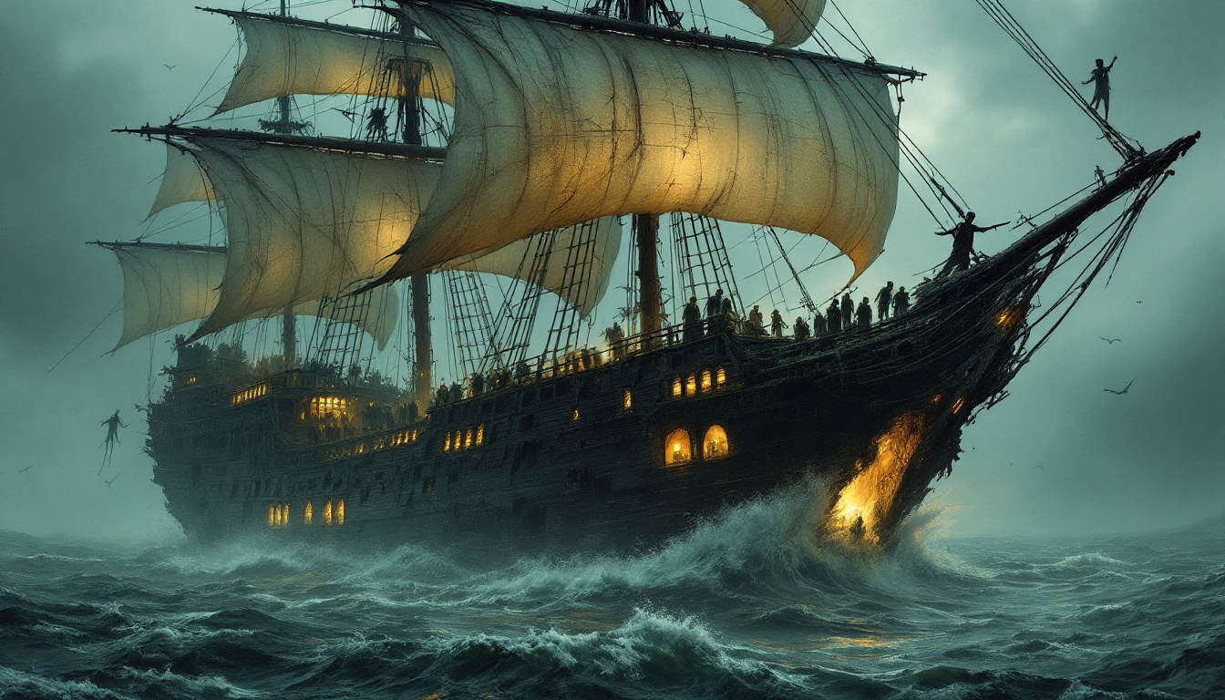 FLUX prompt: Depict the Flying Dutchman, the infamous gho...