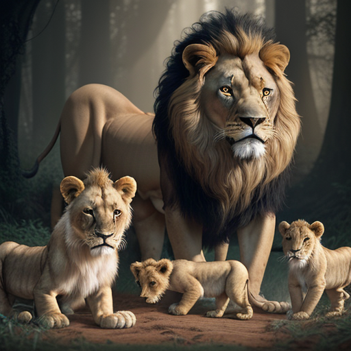 DreamShaper prompt: lion and his cubs, in the style of ni...