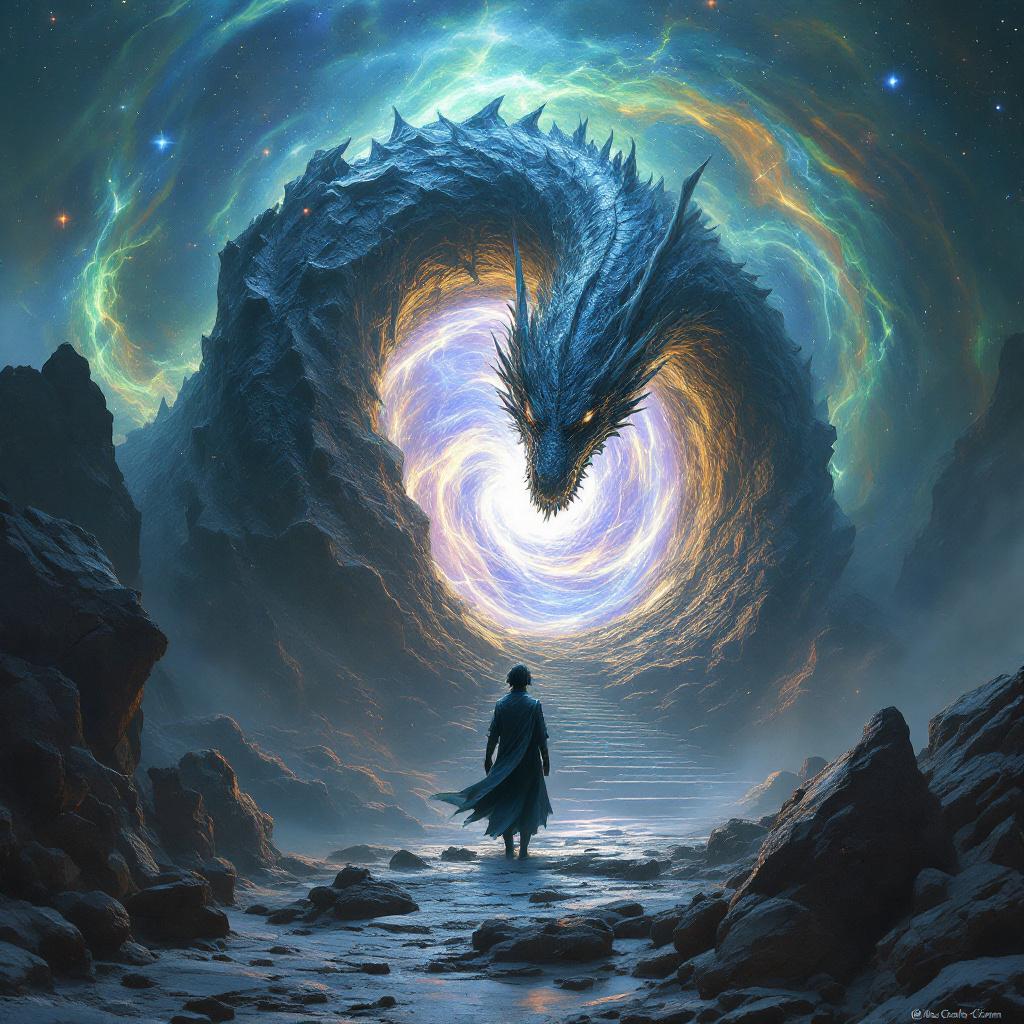 FLUX prompt: A majestic, ancient dragon guards a portal t...