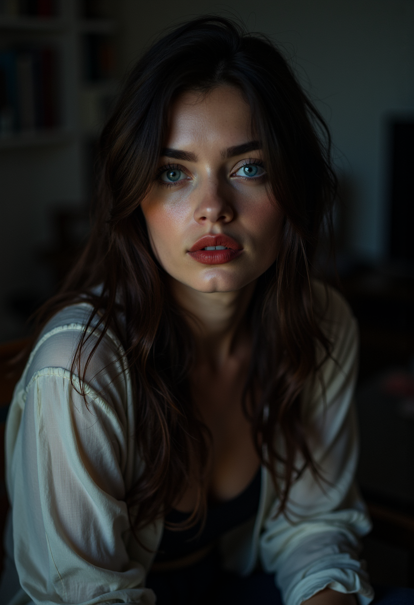 FLUX prompt: We see an intimate scene in someone's dimly ...