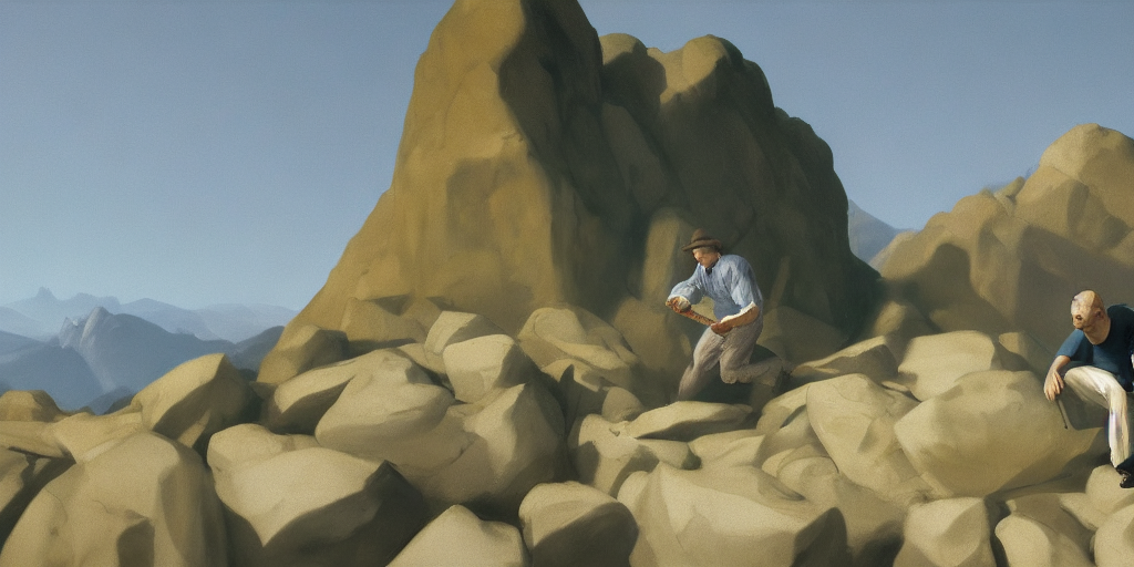 Stable Diffusion prompt: a man rolling up a rock on a mou...