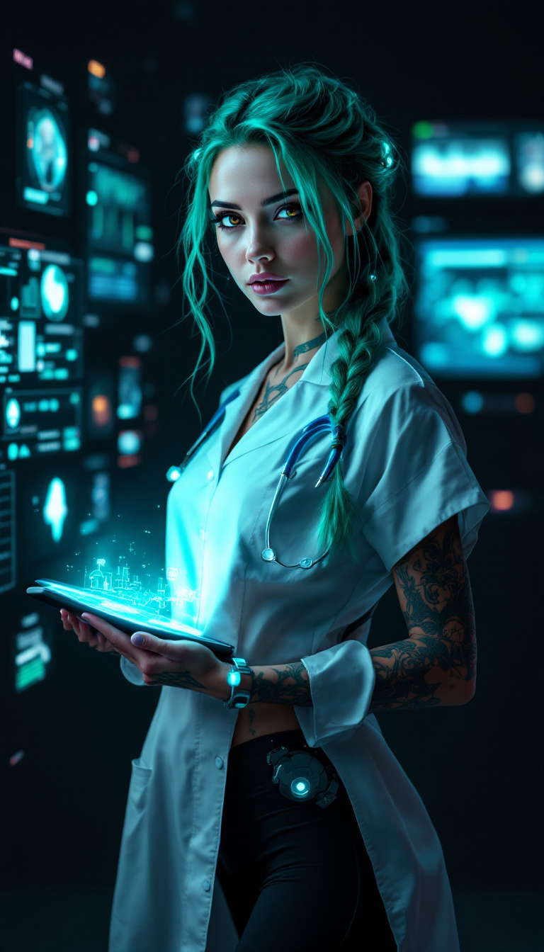 FLUX prompt: A sophisticated cyberpunk medic stands out a...