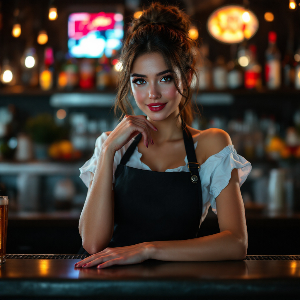 FLUX prompt: female dressed as bartender, standing behind...