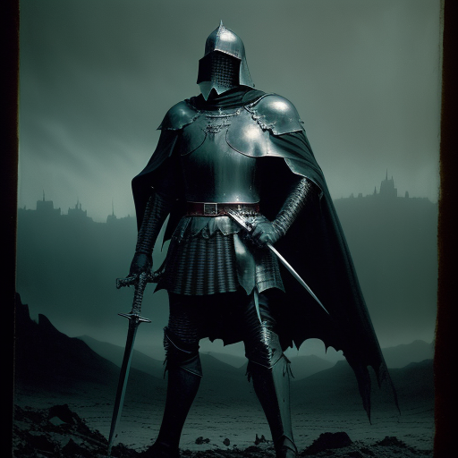 DreamShaper prompt: A knight in a rugged cape with two sw...