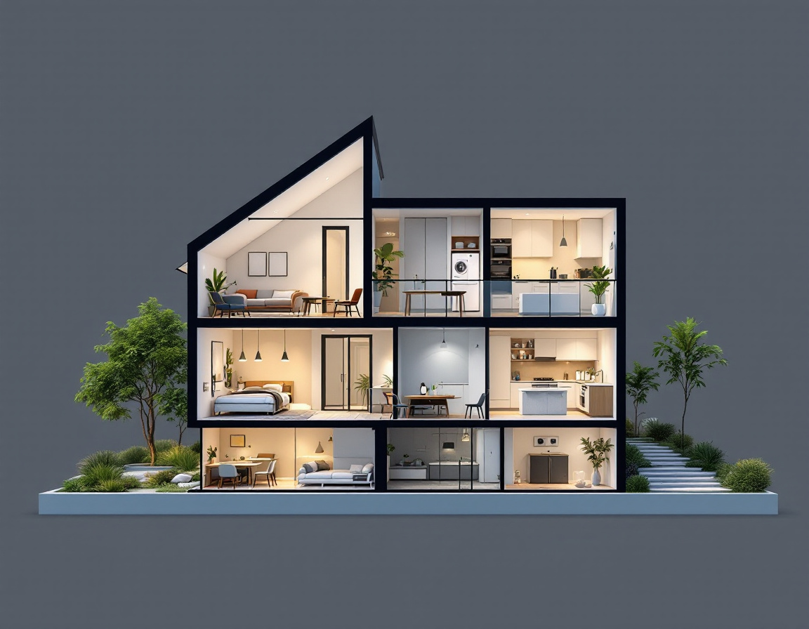 FLUX prompt: A 3d cross-section of a house, shown in a fr...