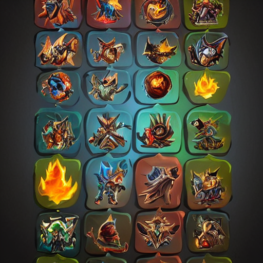 Stable Diffusion prompt: video games icons, 2d icons, rpg...