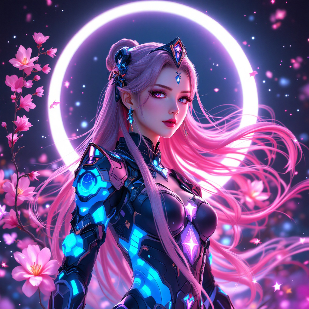 FLUX prompt: a Skydoll Noa with pink hair wearing a black...