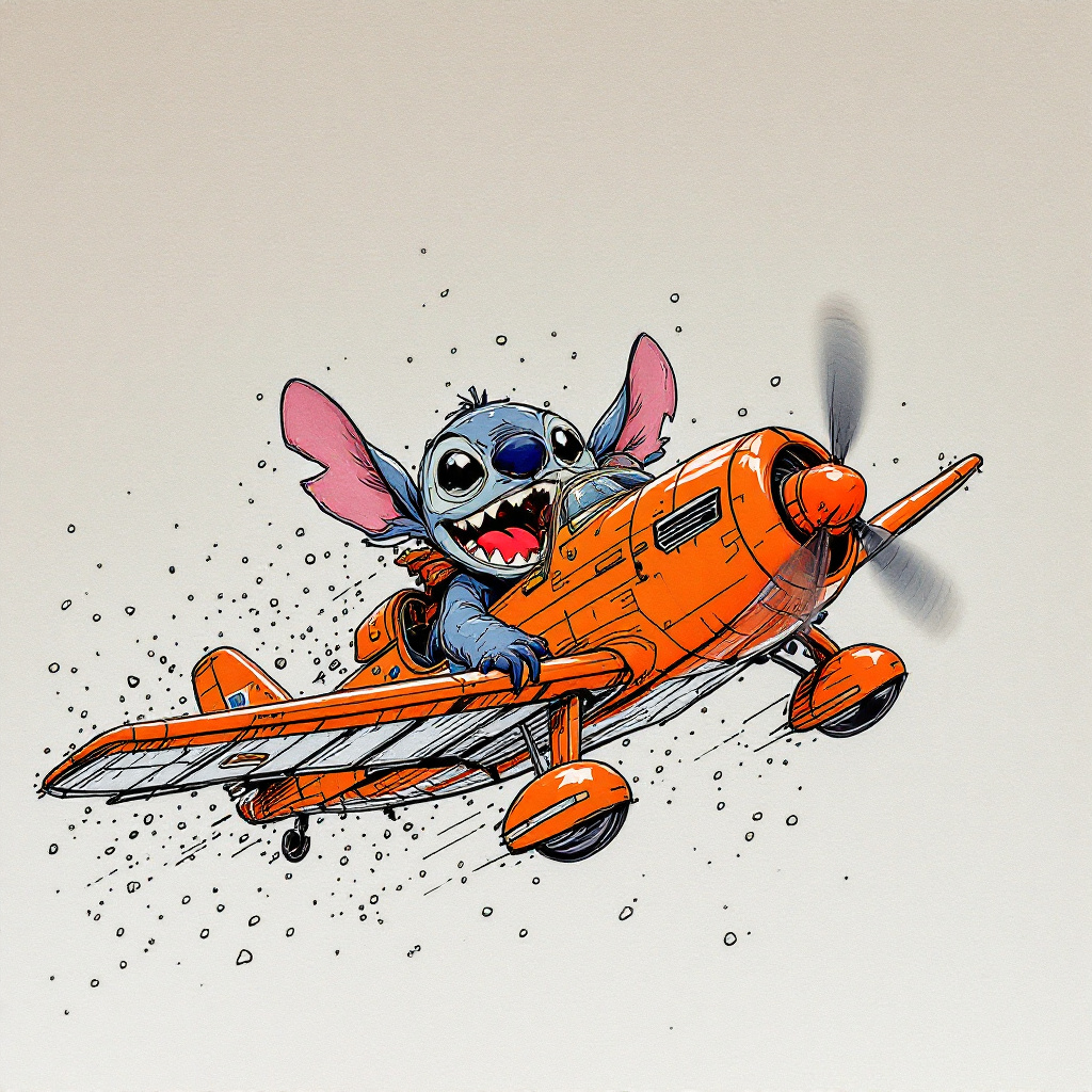 FLUX prompt: Stitch,The action is hilarious,Pen and ink d...