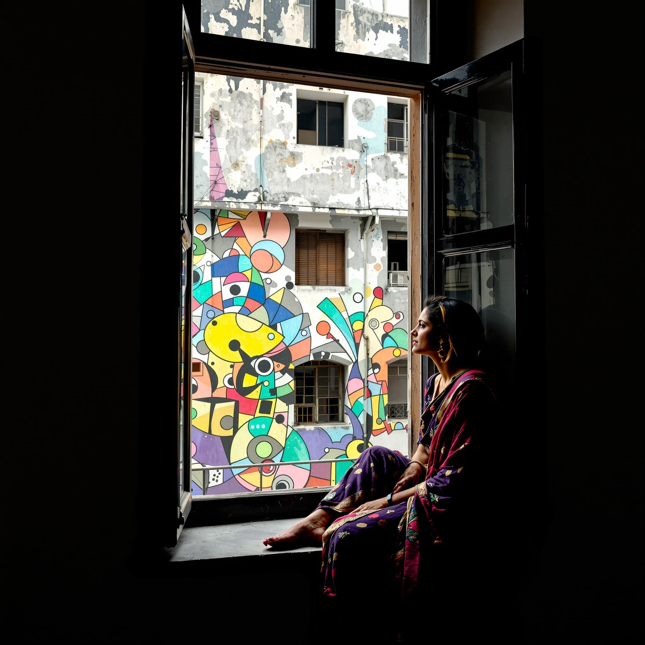 FLUX prompt: a tall open window with a view of a building...