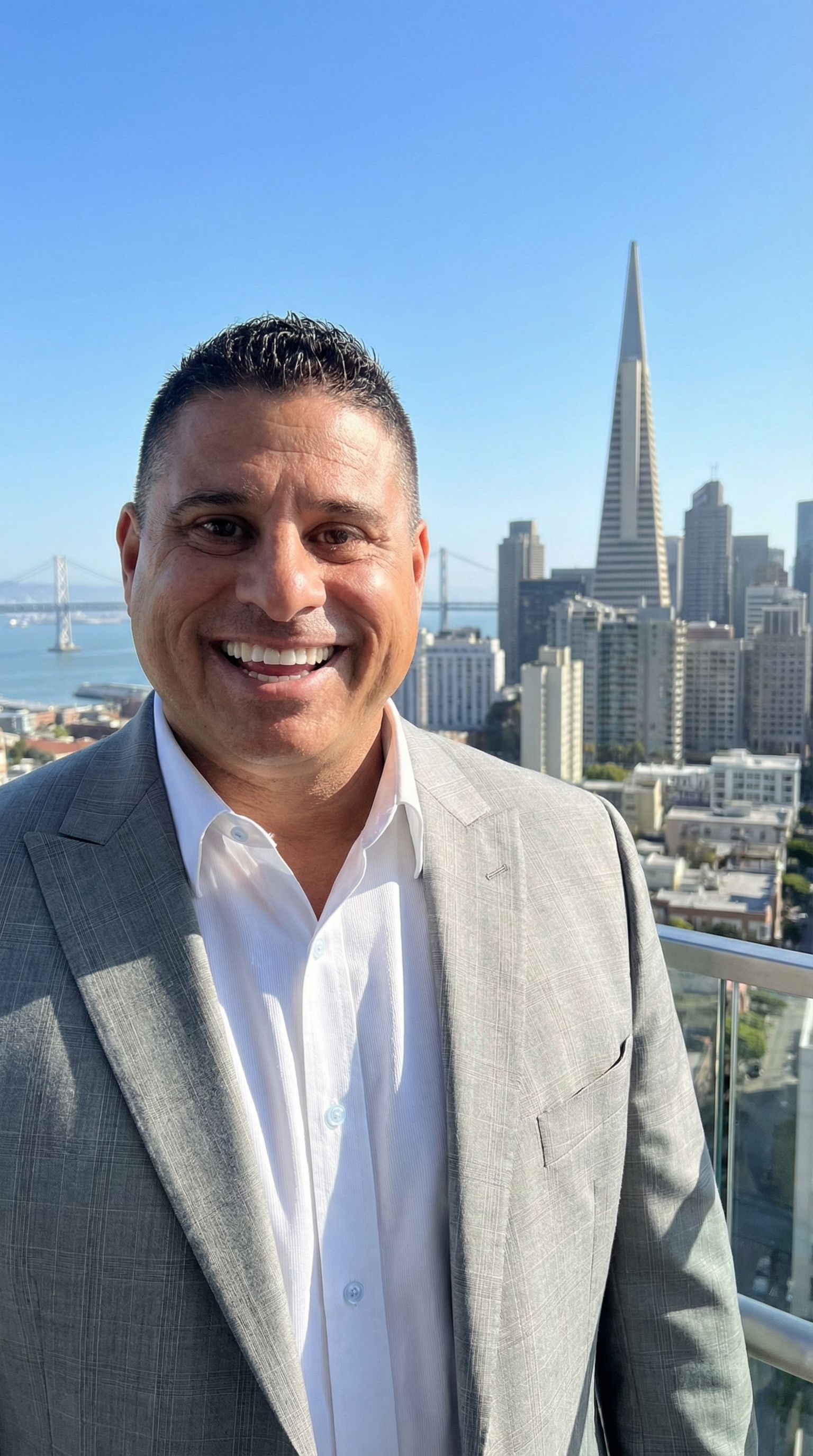 Nano Banana prompt: on a balcony with San Franicisco skyl...