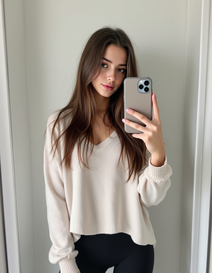 FLUX prompt: the girl takes a photo with her phone of her...