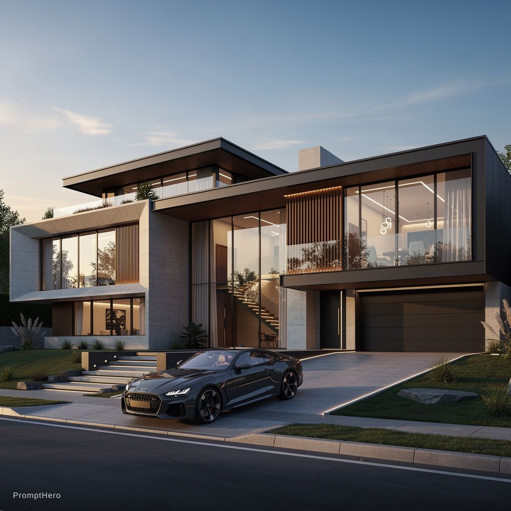 Hero prompt: a view of a modern house with a car parked i...