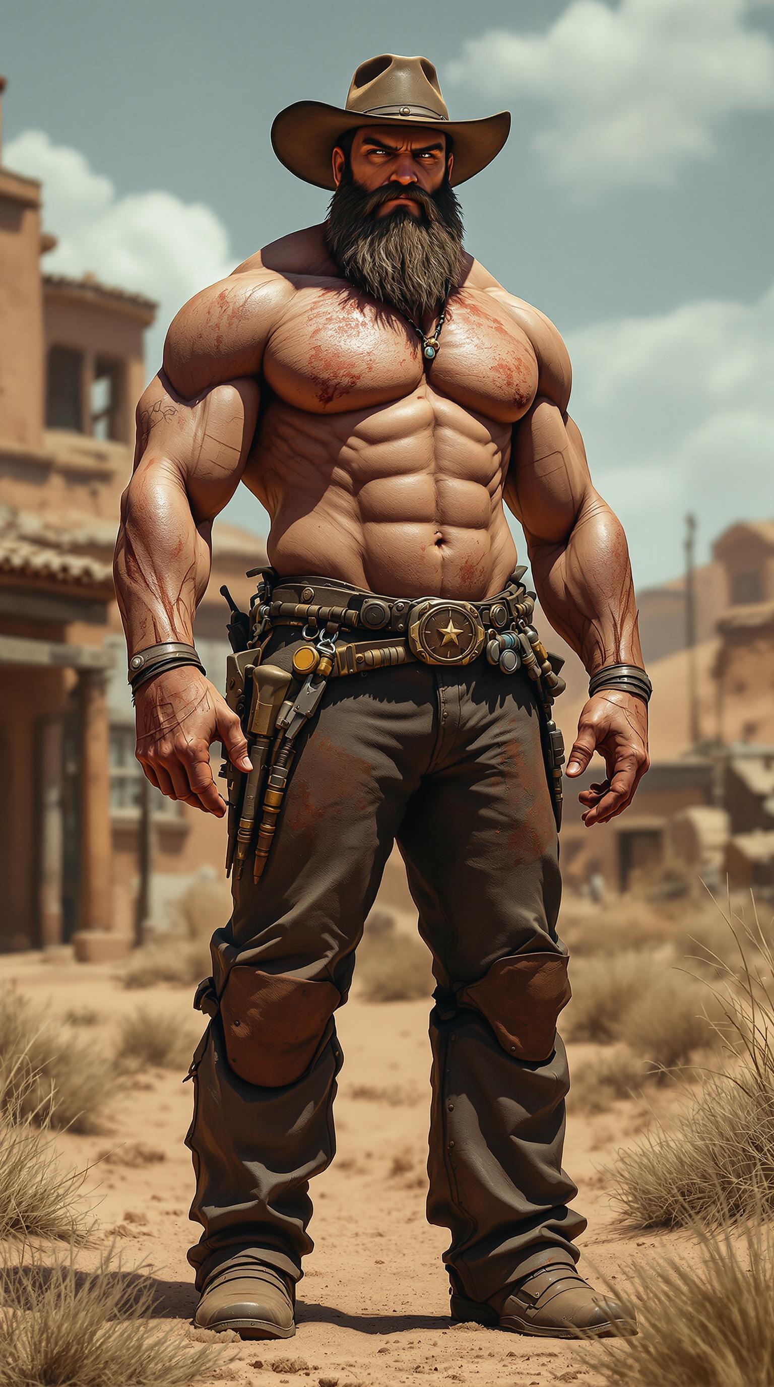 FLUX prompt: rusty cowboy standing, muscular body, two m...