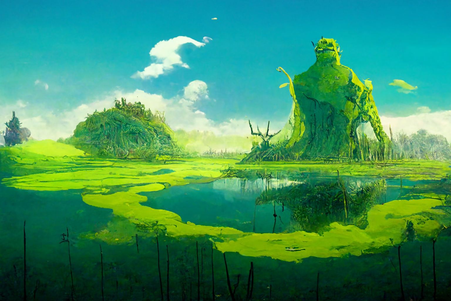 Midjourney prompt: swamp of shrek:: anime, Digital 2D, by...