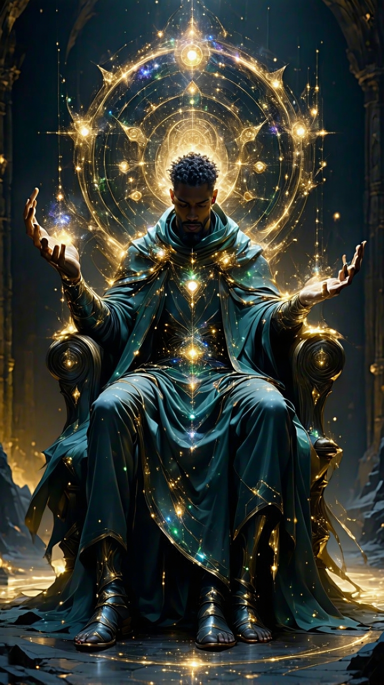 Stable Diffusion prompt: A regal celestial king, adorned ...