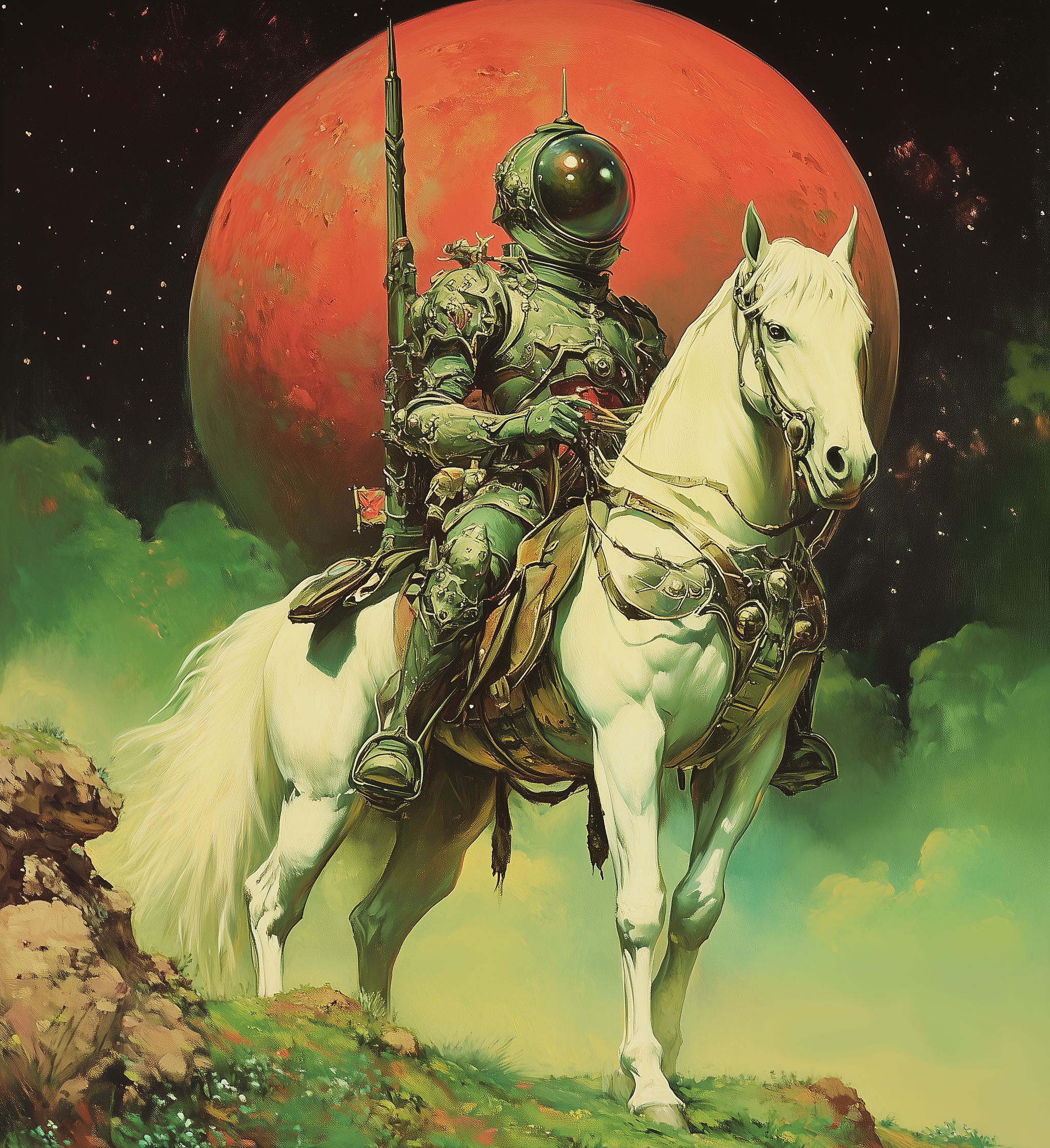 Midjourney prompt: A green and red planet in the backgrou...