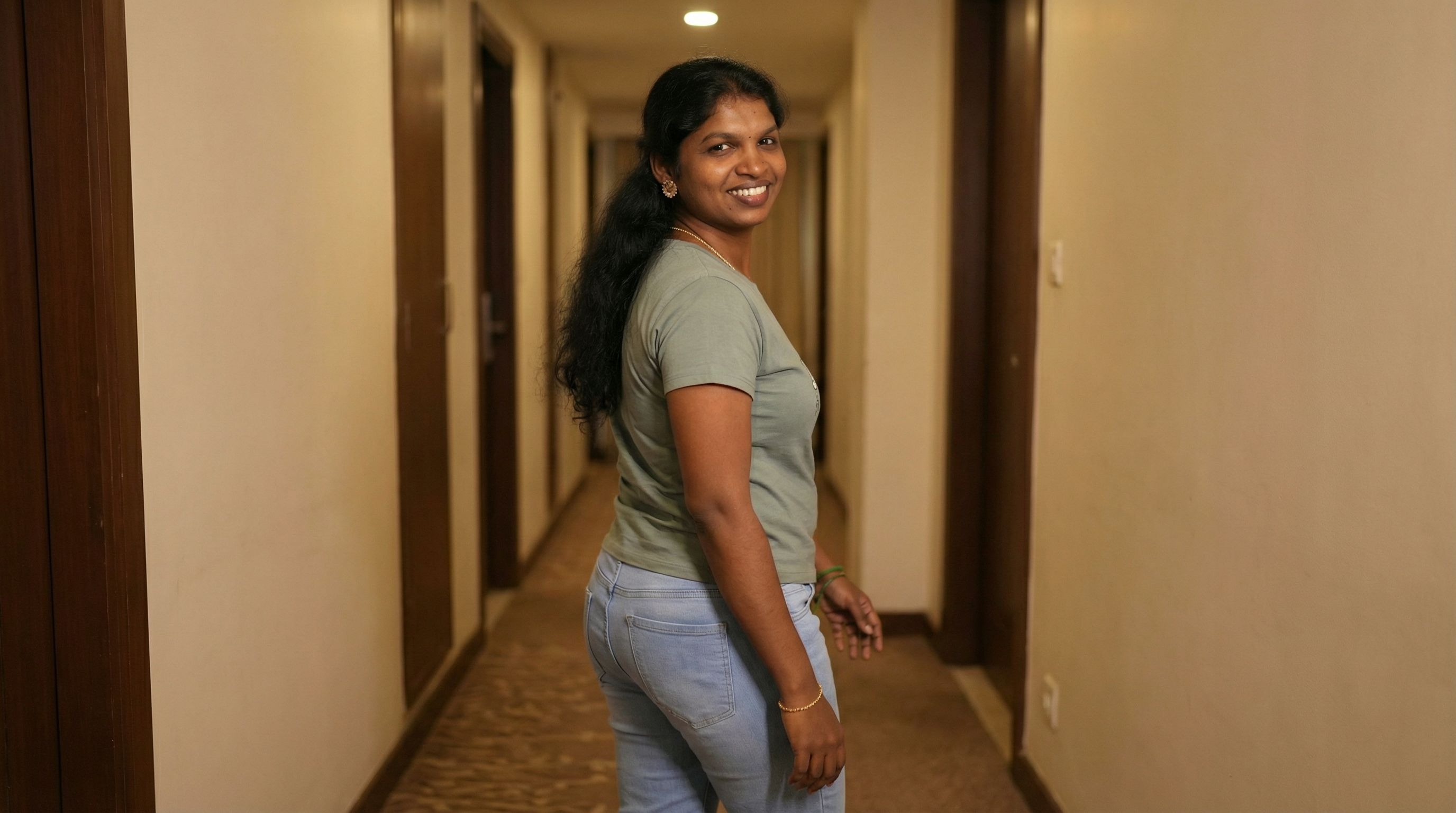 Nano Banana prompt: Have her walking away looking back s...