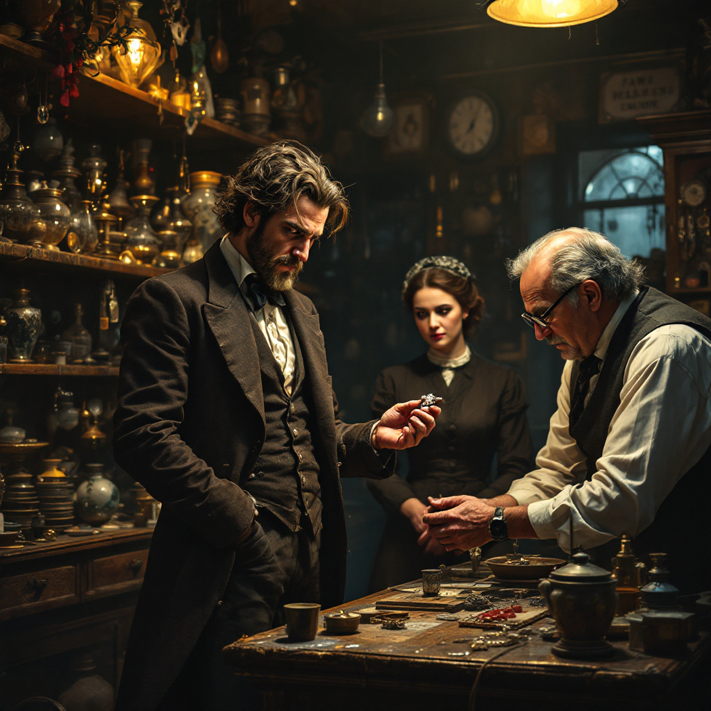 FLUX prompt: An atmospheric 1890s pawn shop with dim ligh...