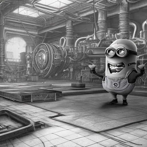 Openjourney prompt: 2 evil yellow 3D minions trying to br...