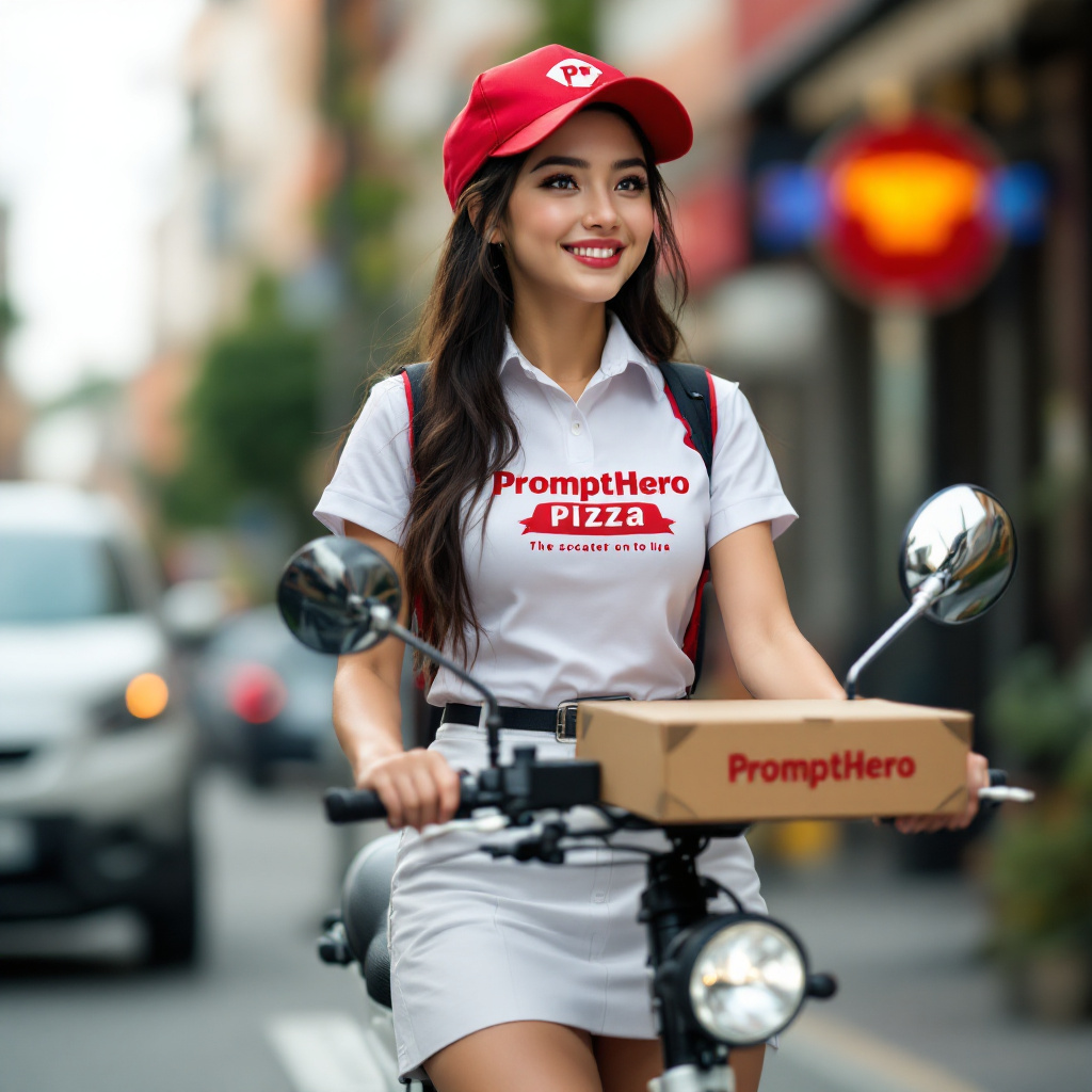 FLUX prompt: a pertty female, pizza shop uniform,mini ski...