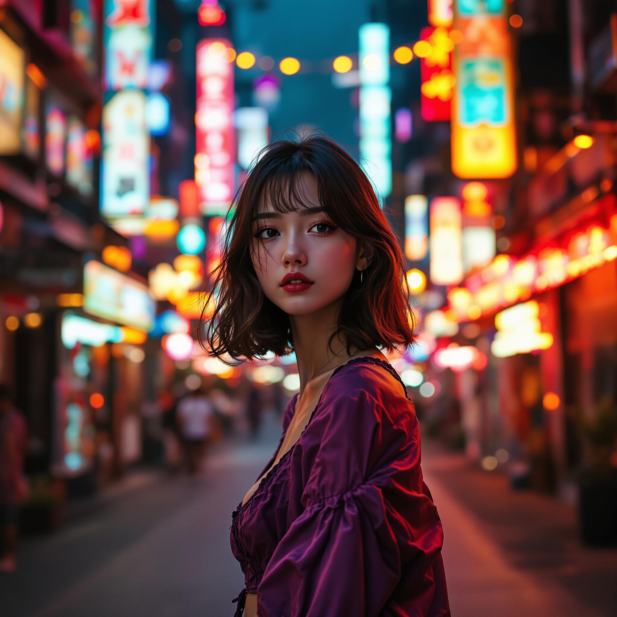 FLUX prompt: a girl in a purple top in a neon city, in th...