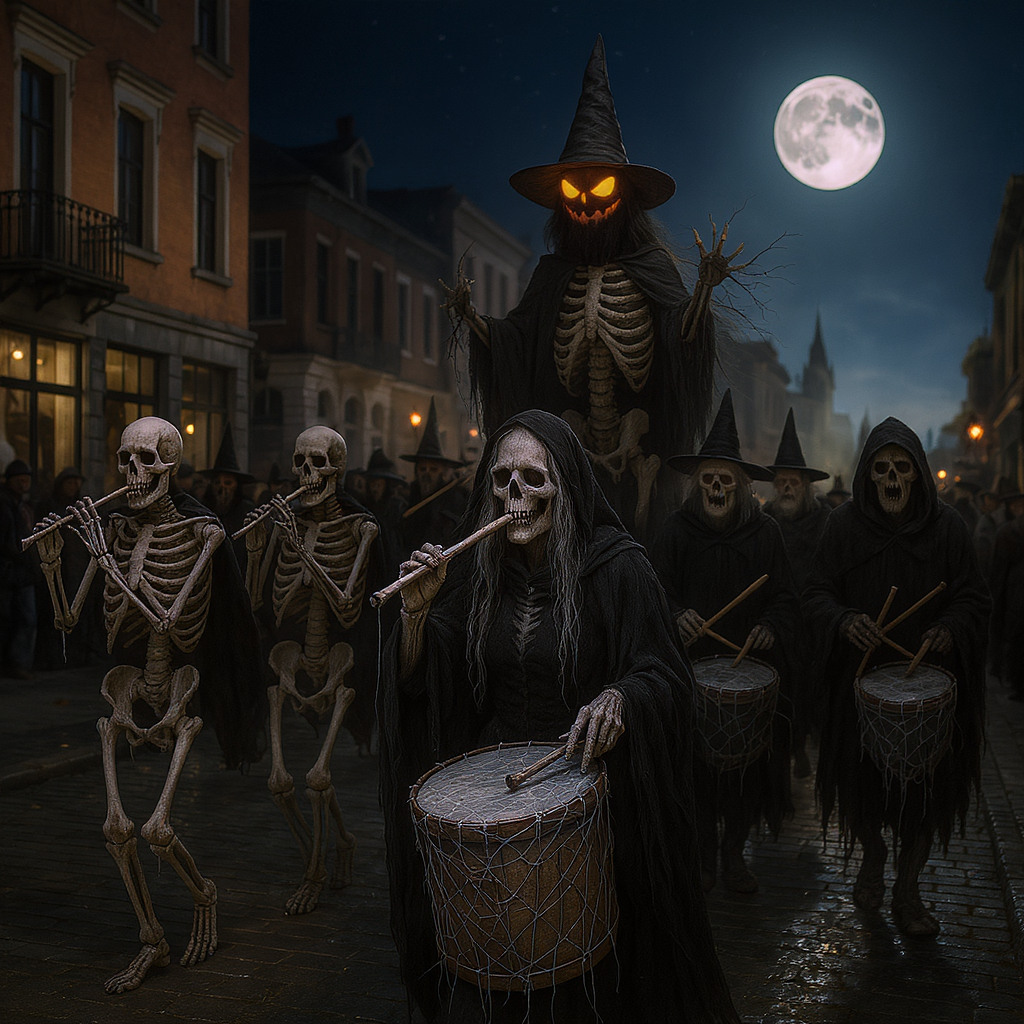 FLUX prompt: A Halloween parade of skeletons, witches, an...